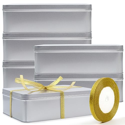 Empty Metal Tins Box with Lid,6 Pack Stainless steel Tins Cans Storage Container for Treats, Gifts, Candle, Favors and Crafts, Silver (7 x 4.3 x 2.2 Inches)