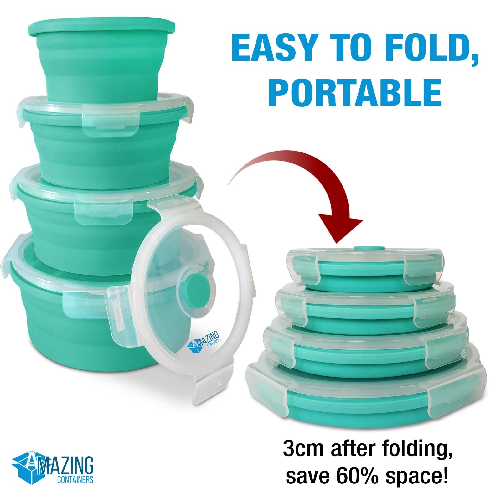 Amazing Containers Collapsible Silicone Food Storage Container Set of 4 with Lids | Stackable | Microwaveable | Freezer, Dishwasher Safe| BPA Free