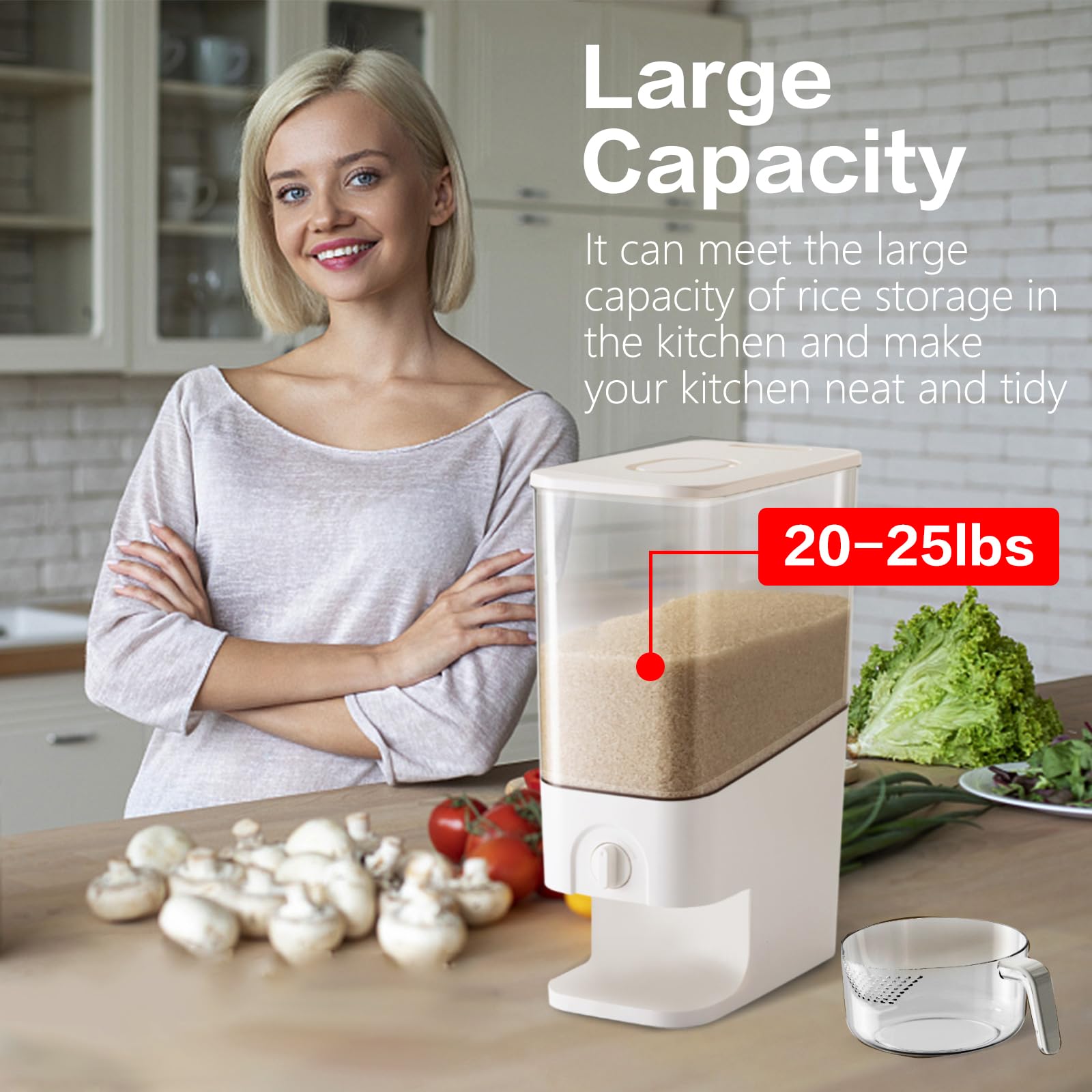 LivLab 22-25lbs Rice Dispenser, 10.5 Qt/10L/25 lbs Grain Storage Container with Measuring Cup Cereal Dispenser Cereal Bucket for Kitchen Pantry Organization