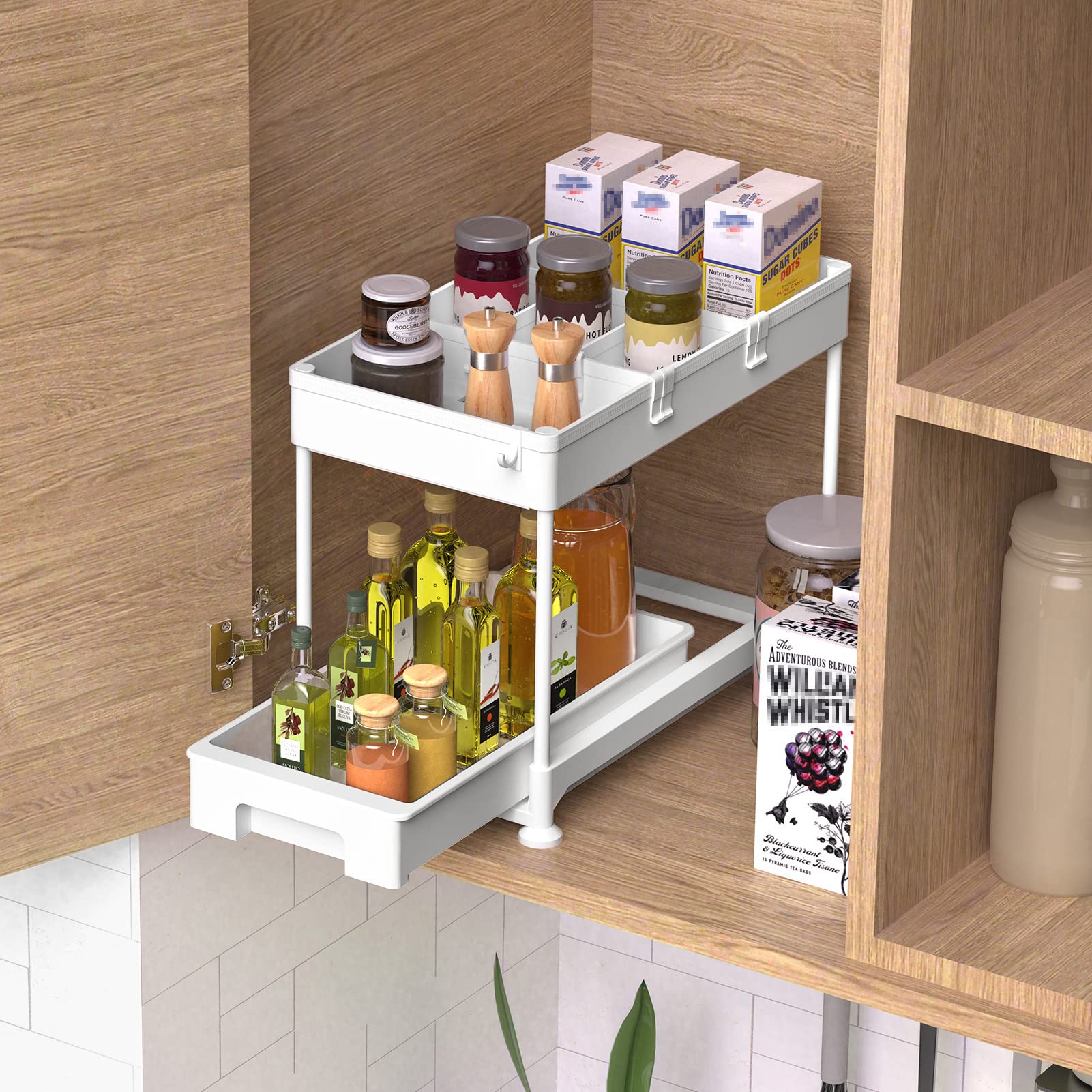 SPACEKEEPER Under Sink Organizer, Sliding Cabinet Basket Organizer 2 Tier Under Bathroom Storage Rack with Hooks, Hanging Cup, Dividers, Multi-purpose Storage Shelf for Bathroom Kitchen, White
