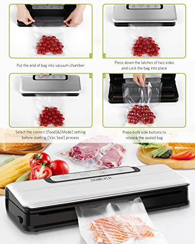 HOMEVER Vacuum Sealer Machine, Automatic Food Sealer with Led Indicator Lights Easy to Clean Dry Moist Food Modes Include 20 Packing Bags