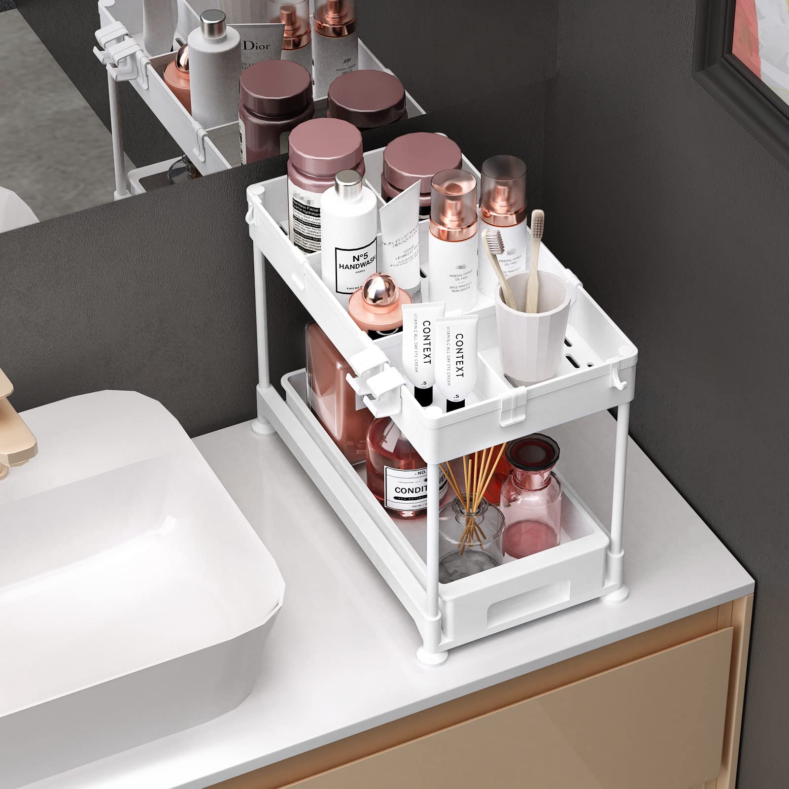 SPACEKEEPER Under Sink Organizer, Sliding Cabinet Basket Organizer 2 Tier Under Bathroom Storage Rack with Hooks, Hanging Cup, Dividers, Multi-purpose Storage Shelf for Bathroom Kitchen, White