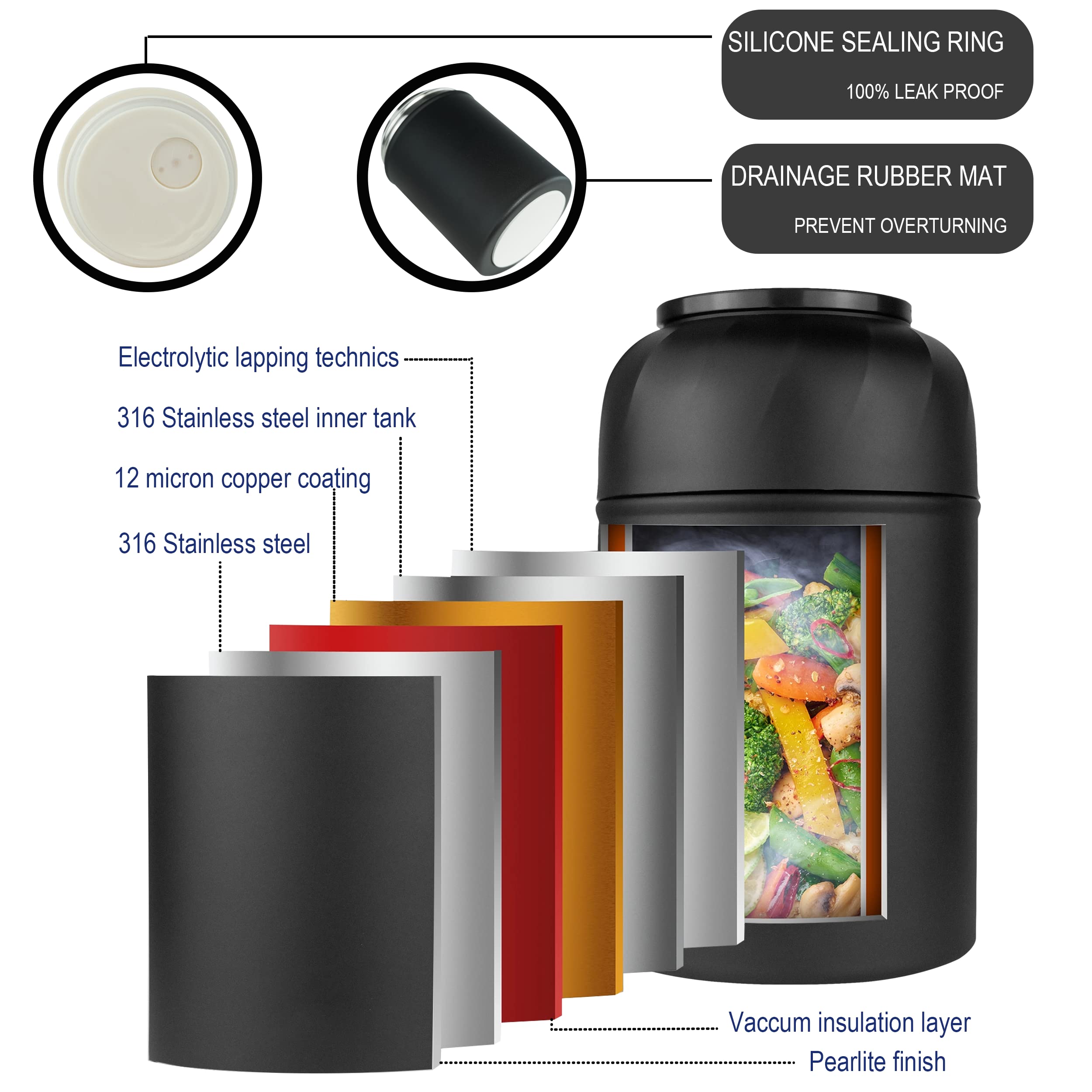 CocoMeiwei Thermo for Hot Food & Drinks, Thermo Lunch Box, 17oz Vacuum Insulated Food Container with Spoon&Drawstring Bag, Soup Thermo for Adults, Black