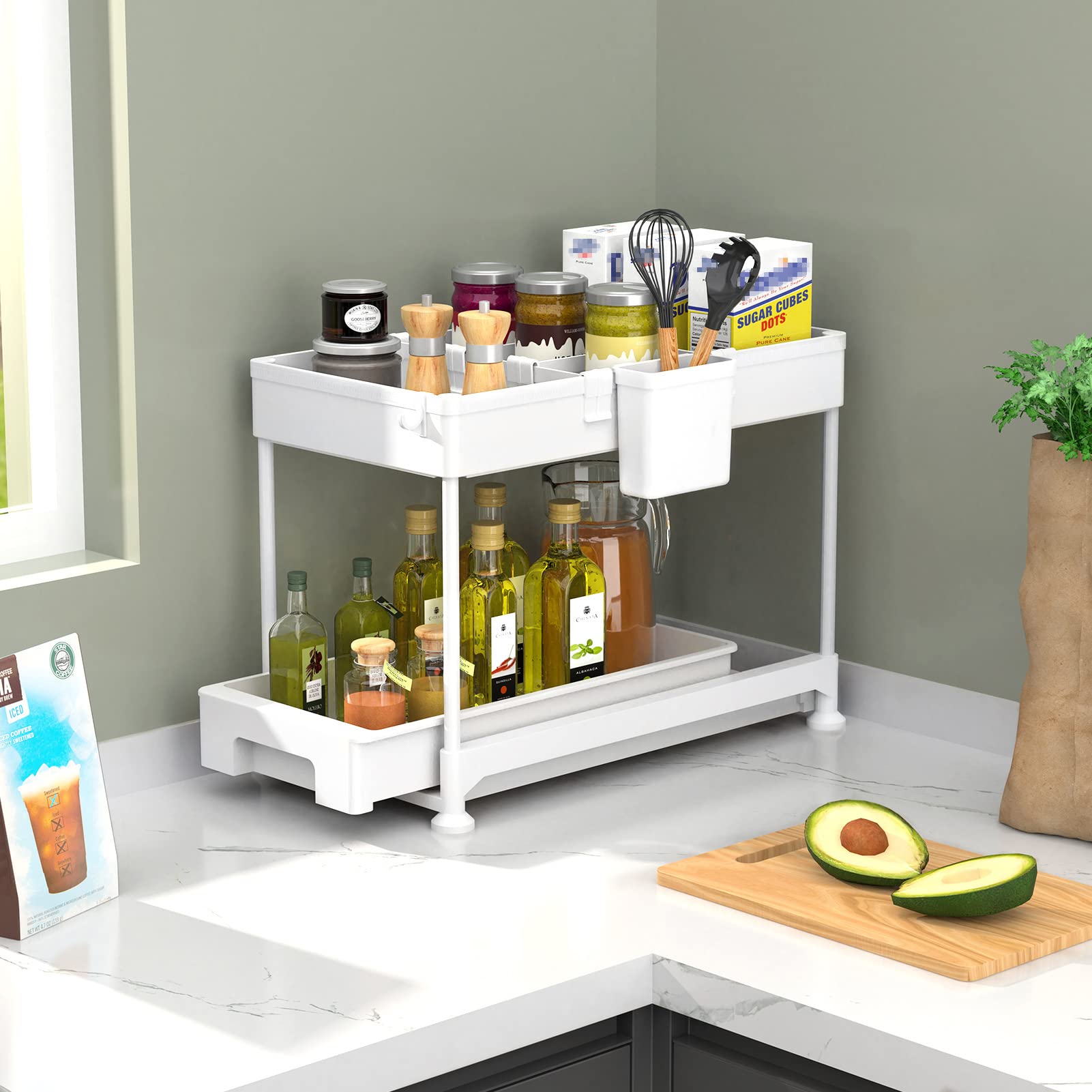 SPACEKEEPER Under Sink Organizer, Sliding Cabinet Basket Organizer 2 Tier Under Bathroom Storage Rack with Hooks, Hanging Cup, Dividers, Multi-purpose Storage Shelf for Bathroom Kitchen, White