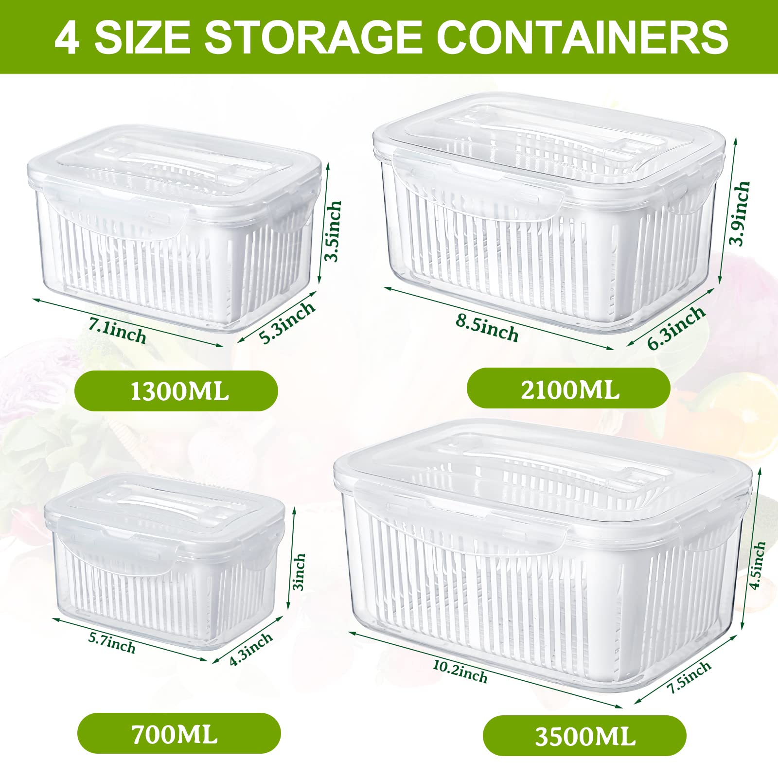 Rtteri 8 Pack Fruit Storage Containers for Fridge Produce Saver Containers for Refrigerator with Drain Colander Plastic Produce Keepers Refrigerator Organizer for Vegetable Berry Salad Lettuce (White)