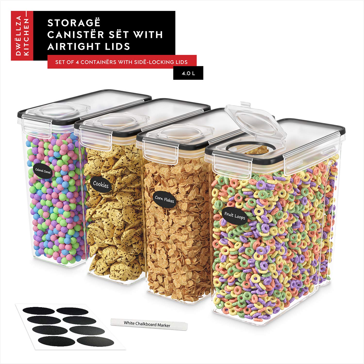 DWËLLZA KITCHEN Cereal Containers Storage Set - Cereal Dispenser Airtight Food Storage Container BPA-Free 4 Pc (135.2oz) Pantry Organization and Storage 8 Labels 1 Marker, Canister for Sugar & Flour