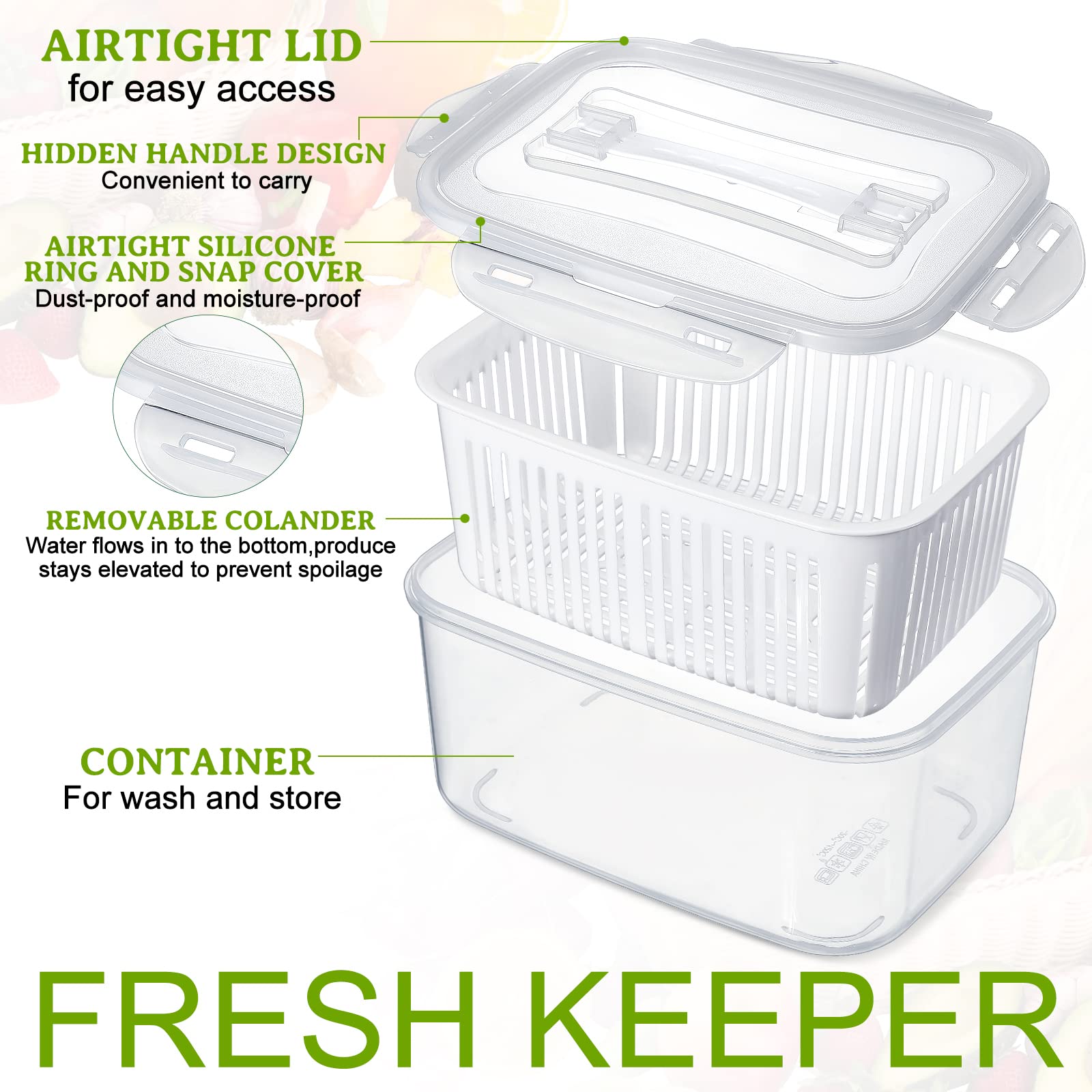 Rtteri 8 Pack Fruit Storage Containers for Fridge Produce Saver Containers for Refrigerator with Drain Colander Plastic Produce Keepers Refrigerator Organizer for Vegetable Berry Salad Lettuce (White)