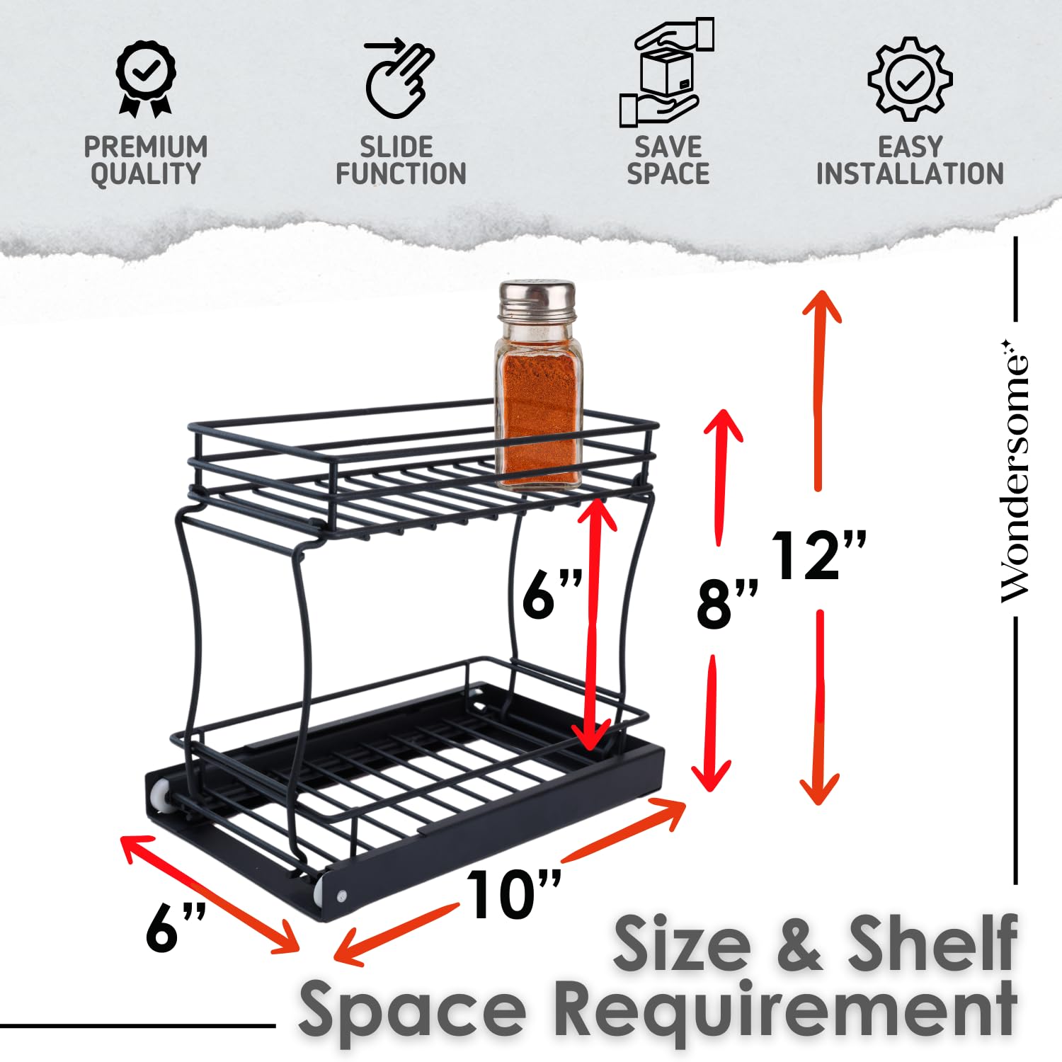 Wondersome Pull-Out Spice Rack Organizer for Cabinet Shelf - Matt Black - 2-Tier Kitchen Jars Organization and Storage Tray - EZ-Slide Rolling Drawer Wheels - Assembles in Moments - US-Based Brand