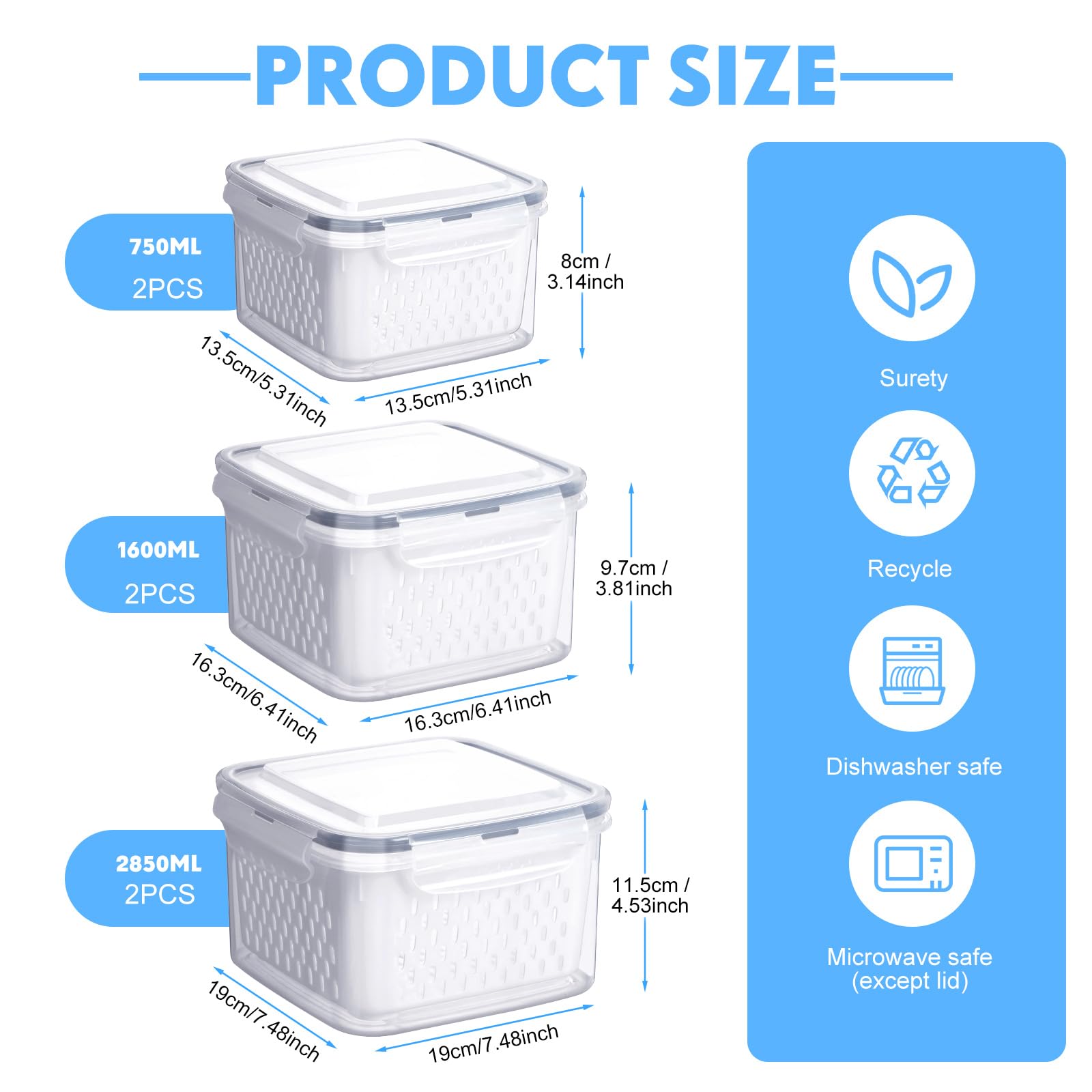 6 Pcs Fruit Storage Containers for Fridge, Food Storage Containers Berry Produce Fridge Organizer with Removable Colander Keep Fruits, Vegetable, Veggie, Meat Fresh Longer(Small, Medium, Large)