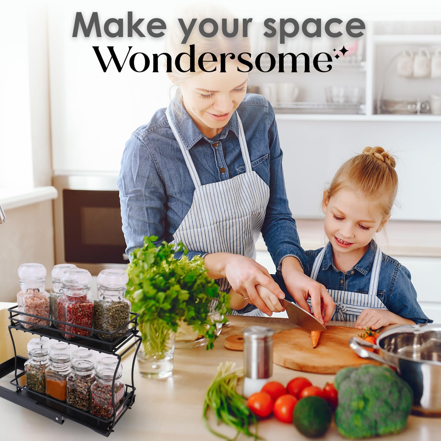 Wondersome Pull-Out Spice Rack Organizer for Cabinet Shelf - Matt Black - 2-Tier Kitchen Jars Organization and Storage Tray - EZ-Slide Rolling Drawer Wheels - Assembles in Moments - US-Based Brand