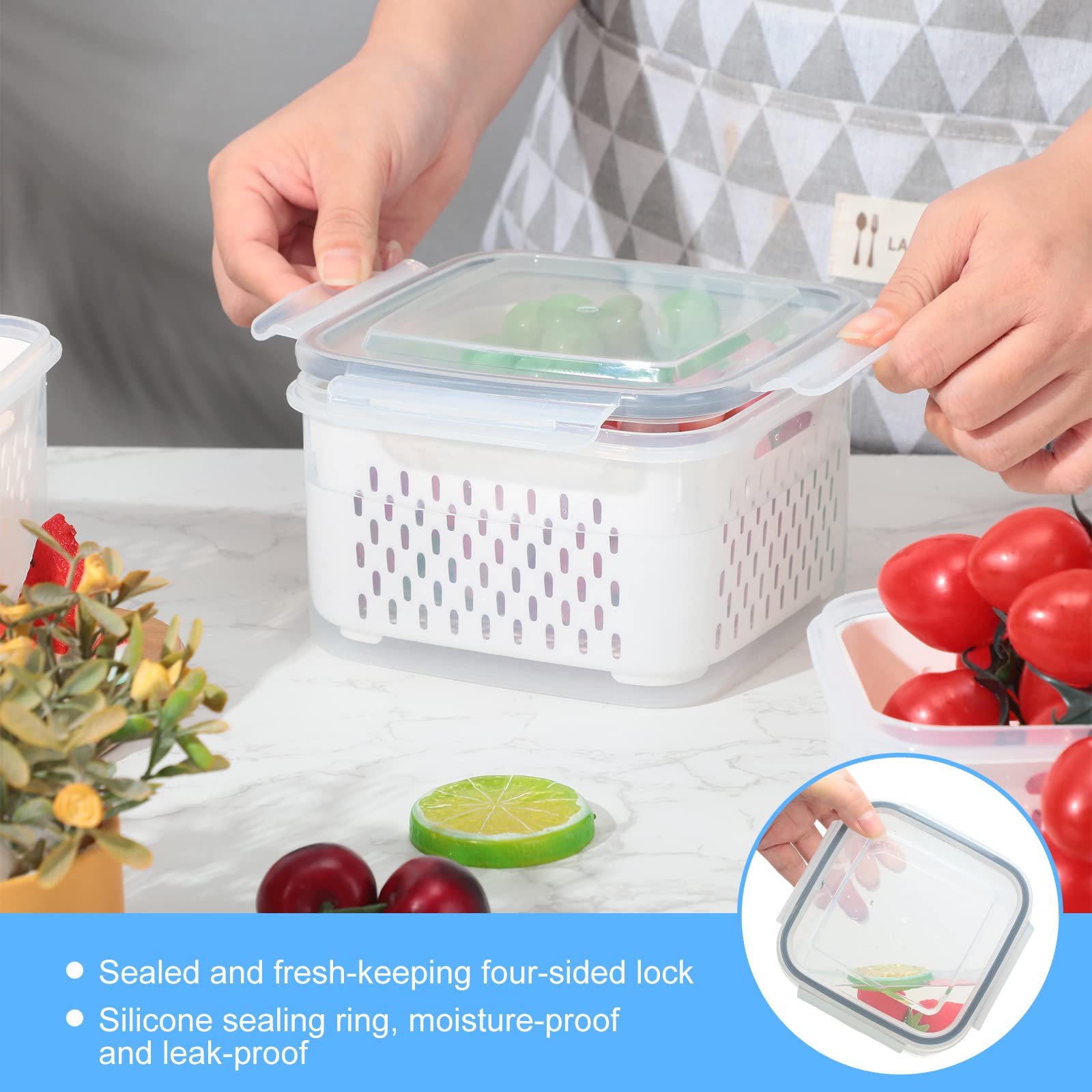 6 Pcs Fruit Storage Containers for Fridge, Food Storage Containers Berry Produce Fridge Organizer with Removable Colander Keep Fruits, Vegetable, Veggie, Meat Fresh Longer(Small, Medium, Large)