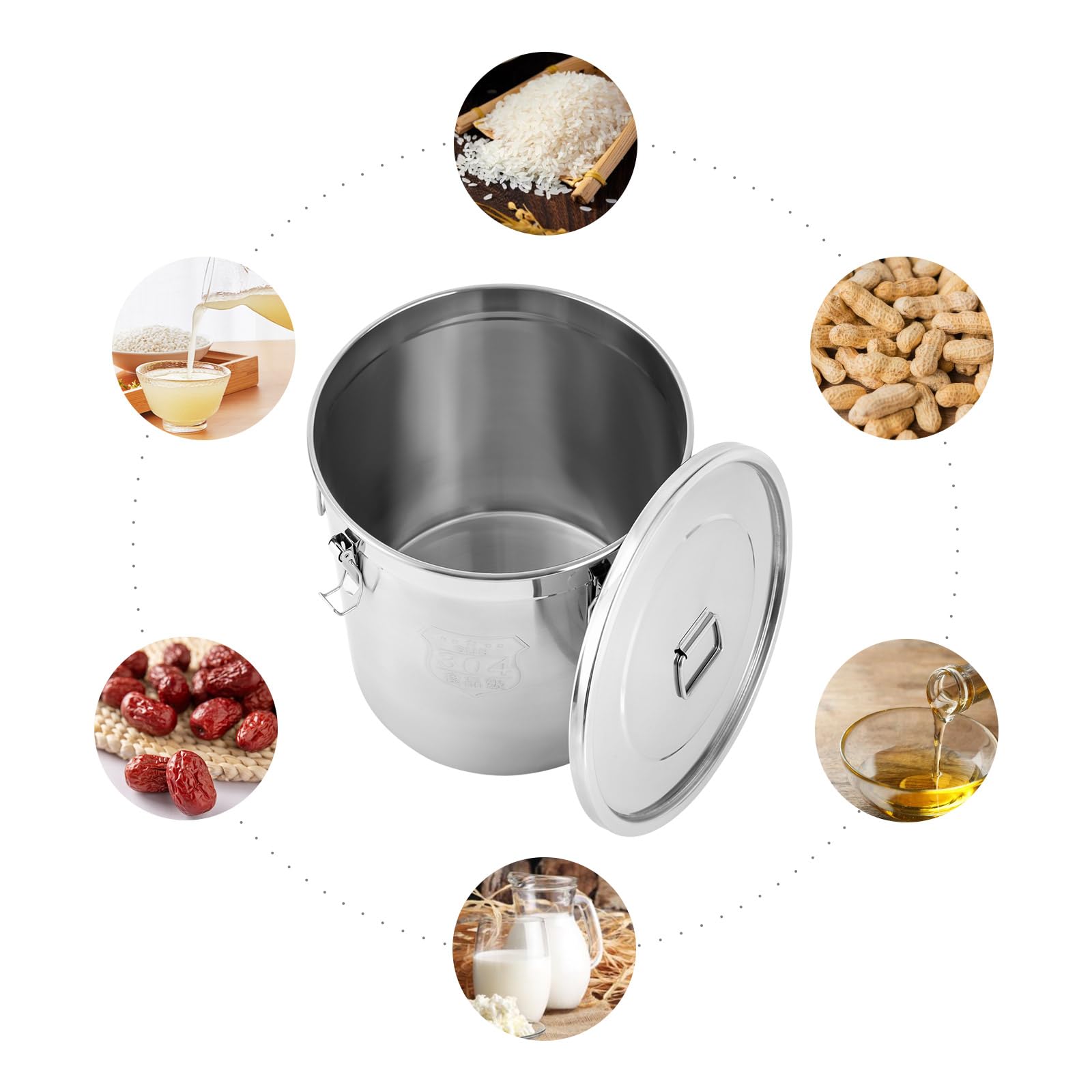 DYNAMI 304 Stainless Steel Airtight Canister,48L/12.7Gal Large Canisters Container with Lids and Sturdy Locking Clamp,Bucket Food Storage Containers for Rice, Flour, Grain, Coffee Bean (48L)