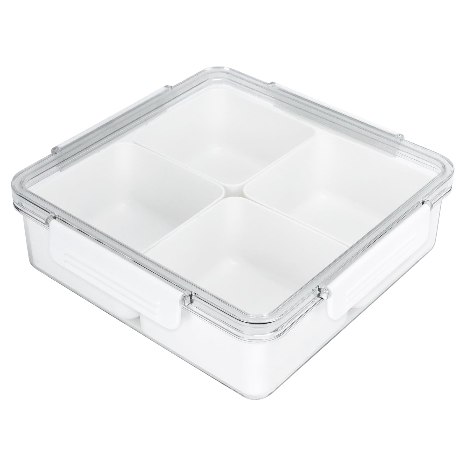ISUSSER Square Plastic Divided Serving Tray with Lid, Snack Container, Divided Fruit Vegetable Snack Tray Container with 4 Compartments for Refrigerator