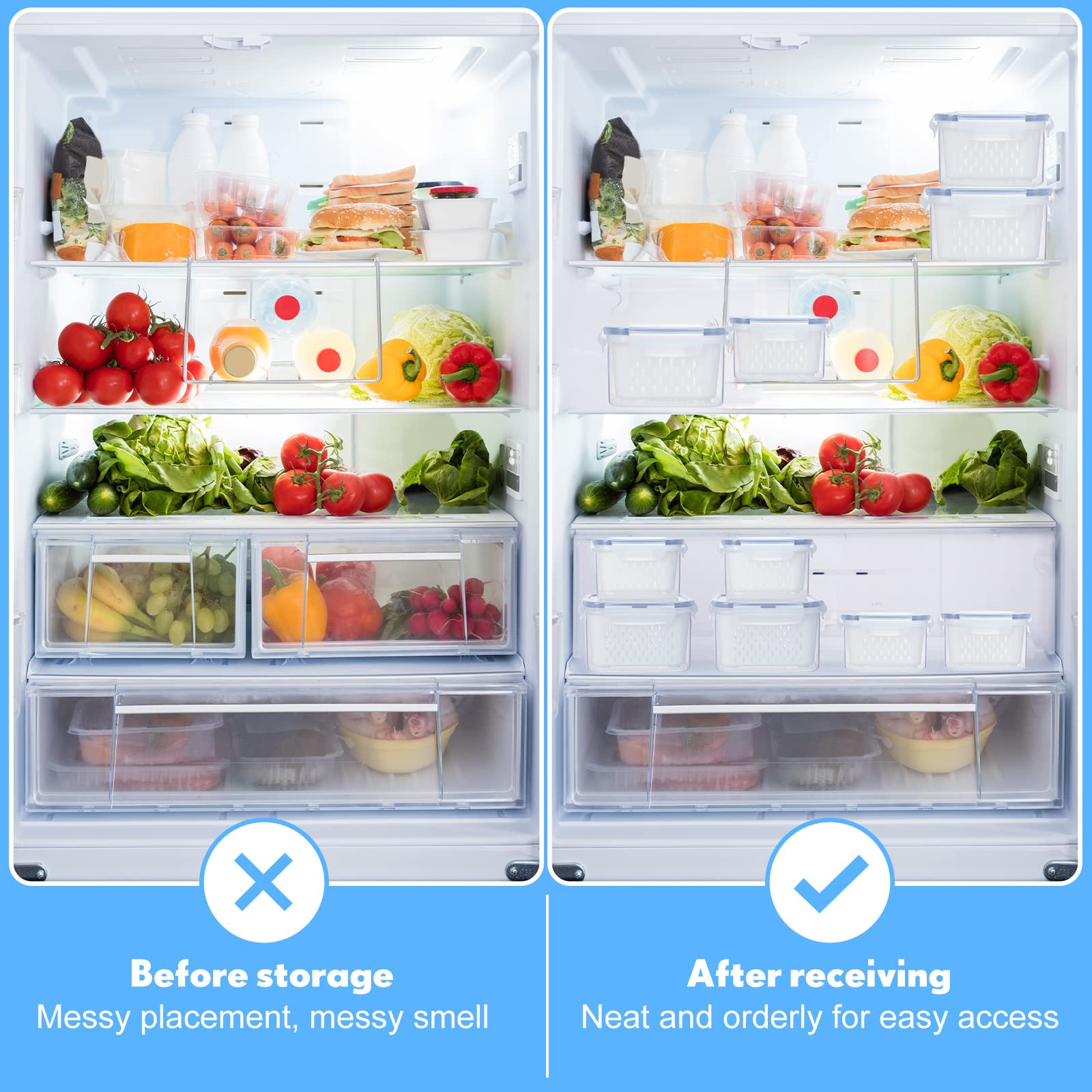 6 Pcs Fruit Storage Containers for Fridge, Food Storage Containers Berry Produce Fridge Organizer with Removable Colander Keep Fruits, Vegetable, Veggie, Meat Fresh Longer(Small, Medium, Large)