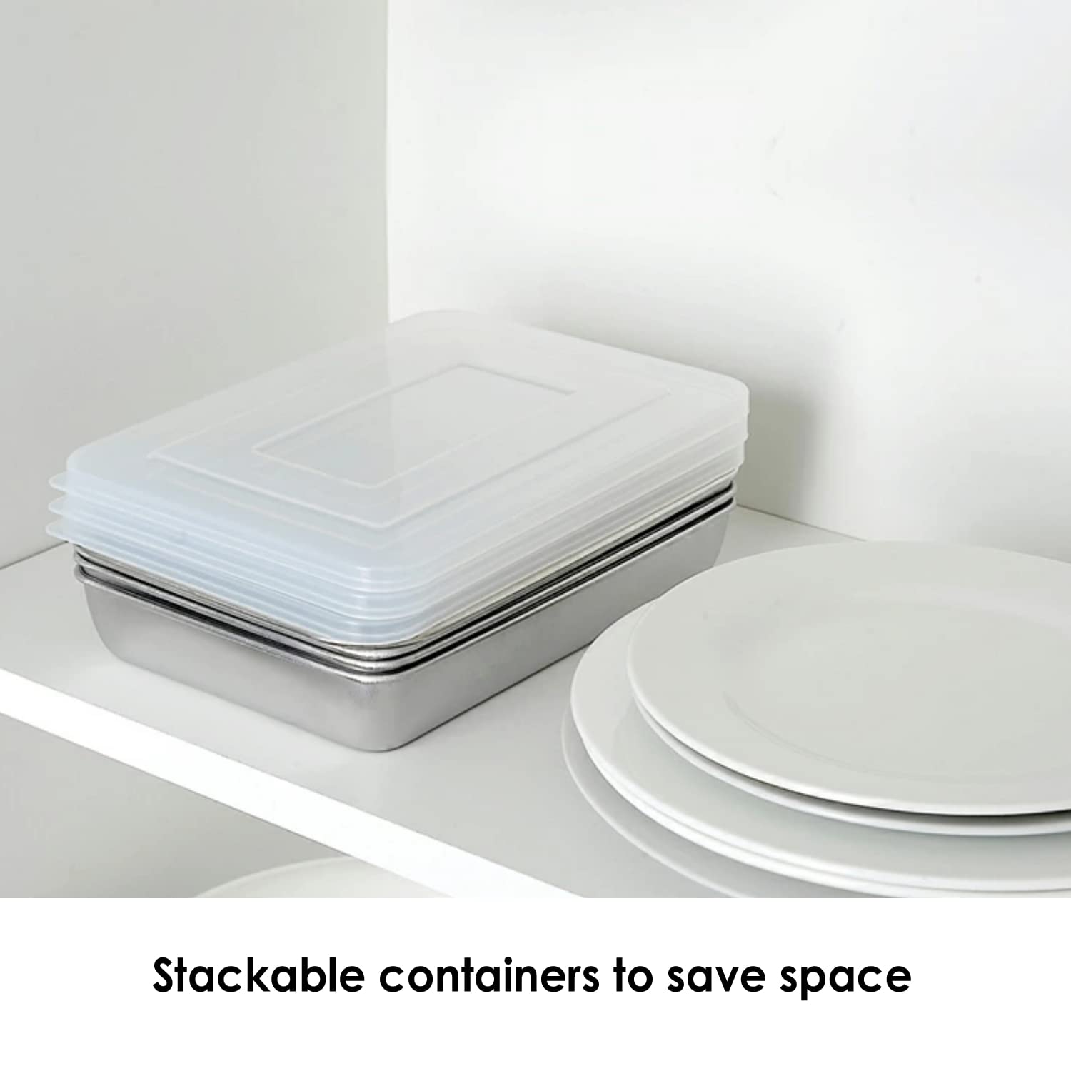 YAMAZEN, 7-Piece Set Stainless Steel Stackable Kitchen Food Containers With Flexible Clear Lids & Stainless Steel Strainer | Marinade Storage Trays | Refrigerator Fridge Freezer | Storage Kitchen