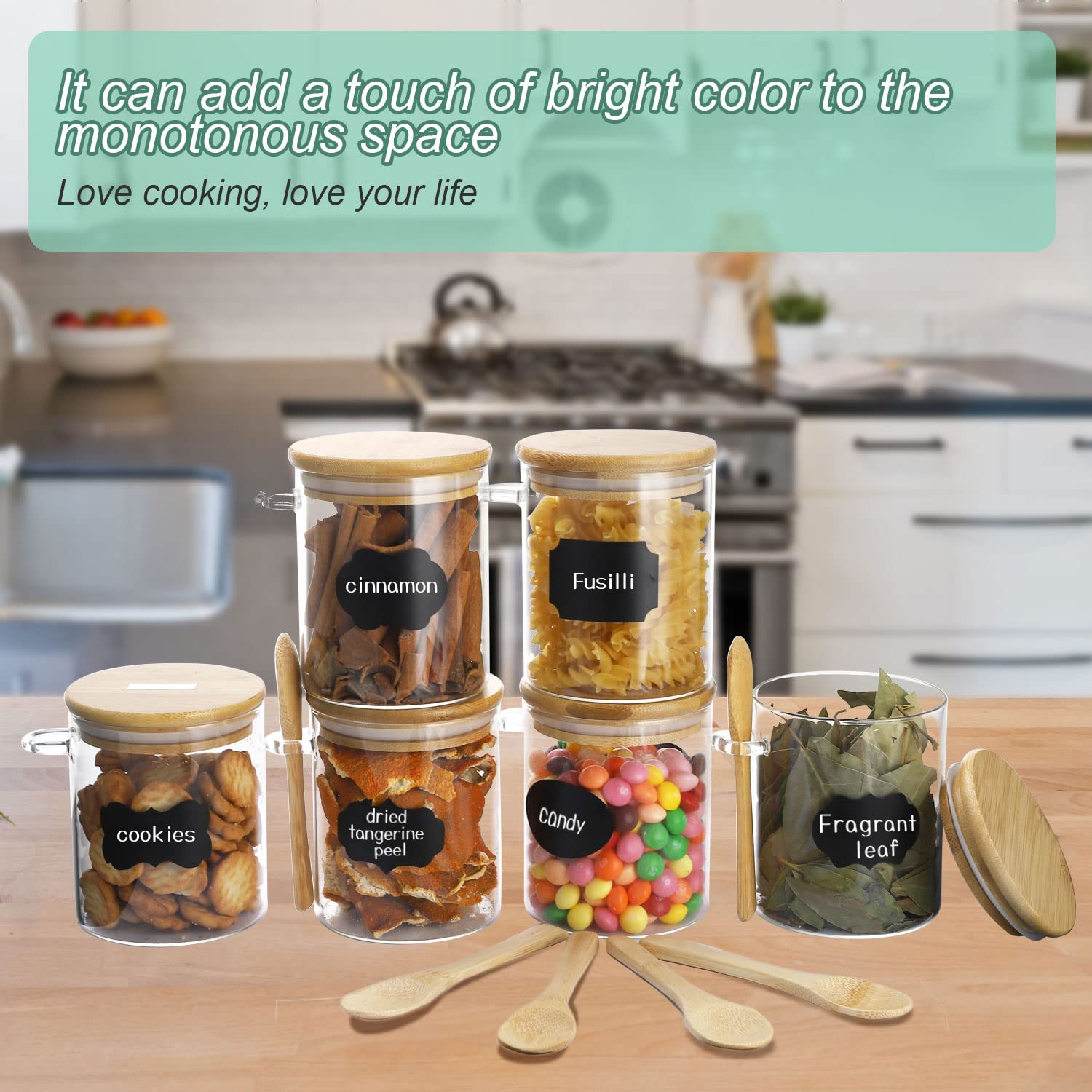 Set of 6 Spice Jars with Bamboo Lids, 16oz Glass Jars with Airtight Bamboo Lids & Bamboo Spoons Labels Pen Clean Brush Glass Storage Containers for Pantry Organization,Candy,Cookie, Tea and Spice Jar