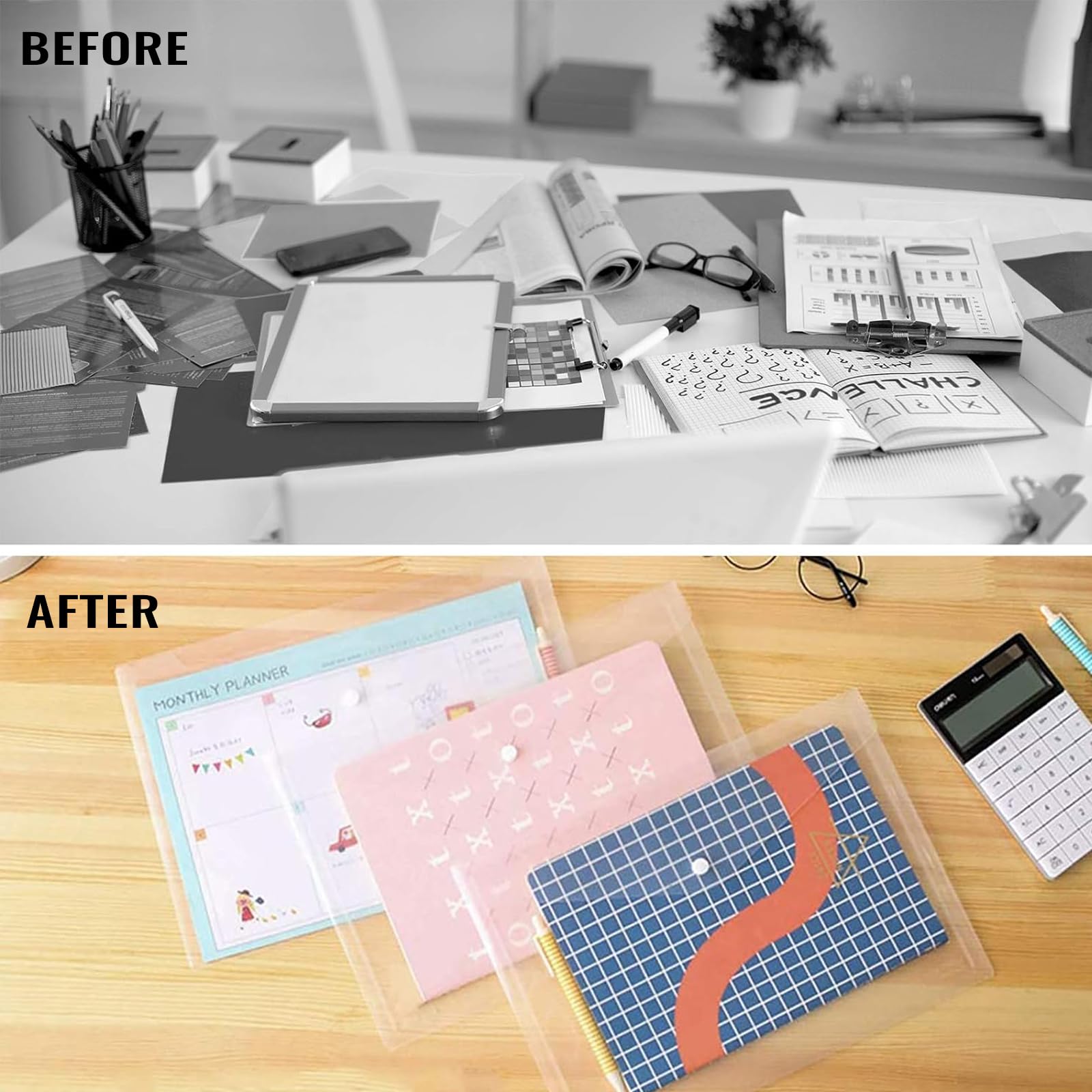 EOOUT 50pcs Plastic Envelopes with Button Snap Closure, Clear Plastic Poly Envelope, Folders for Documents, Waterproof Plastic File Folder, Letter Size, A4 Size, for School and Office Supplies