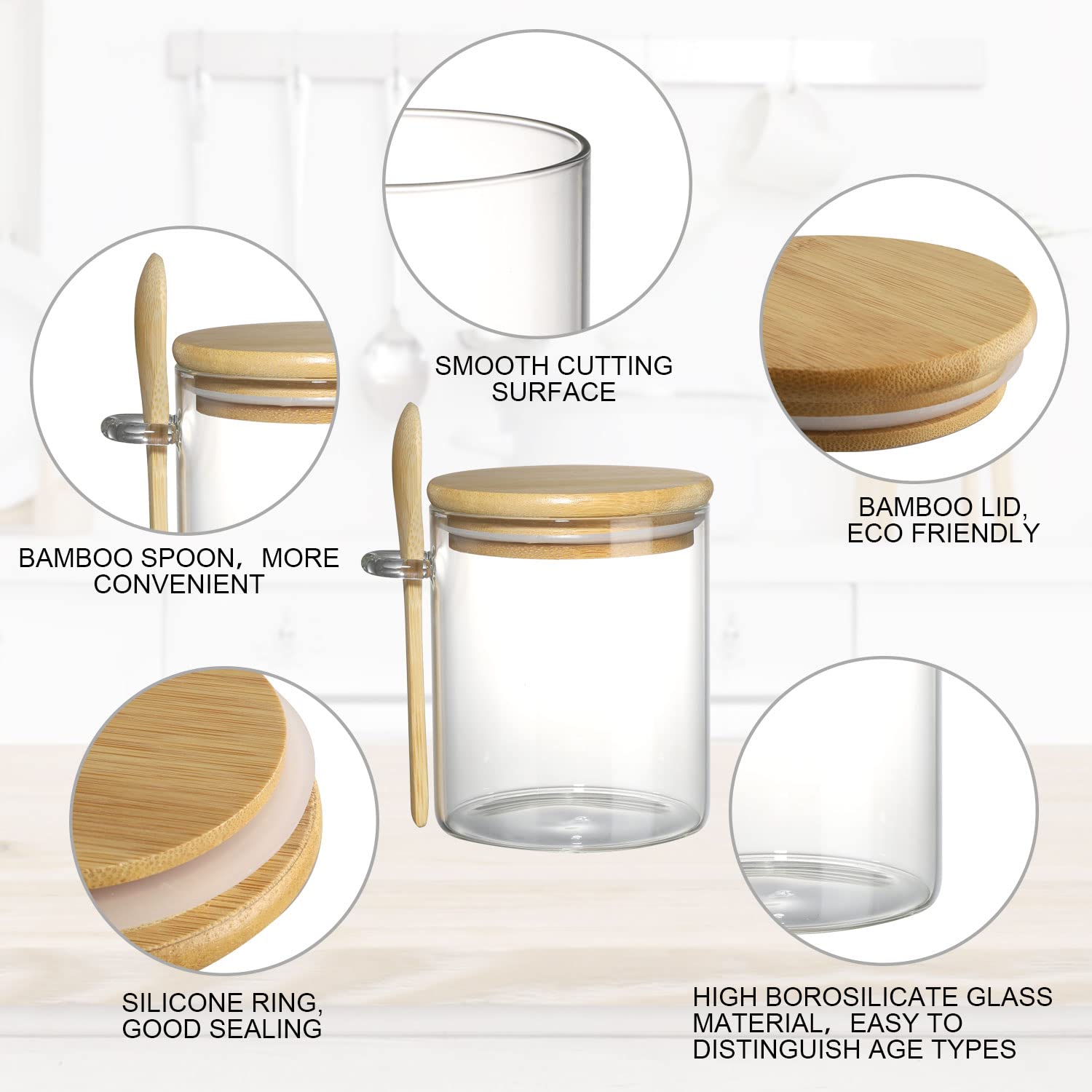 Set of 6 Spice Jars with Bamboo Lids, 16oz Glass Jars with Airtight Bamboo Lids & Bamboo Spoons Labels Pen Clean Brush Glass Storage Containers for Pantry Organization,Candy,Cookie, Tea and Spice Jar