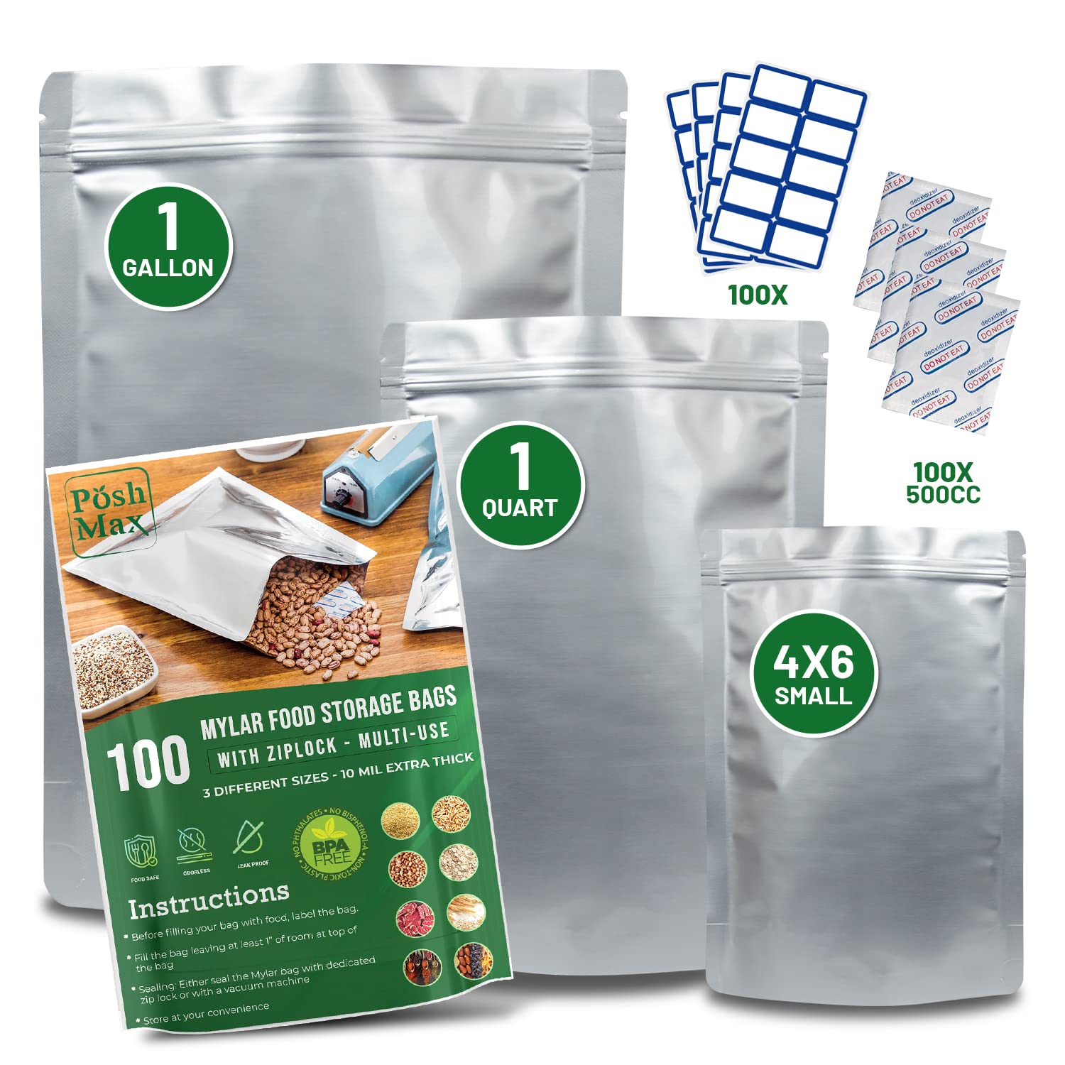 PoshMax Resealable Mylar Bags - Extra Thick Mylar Bags for Food Storage in 3 Sizes, Gallon, Quart and Small | Food Safe Mylar Ziplock Bag with Oxygen Absorbers for Food Storage 500cc | 100 Pack