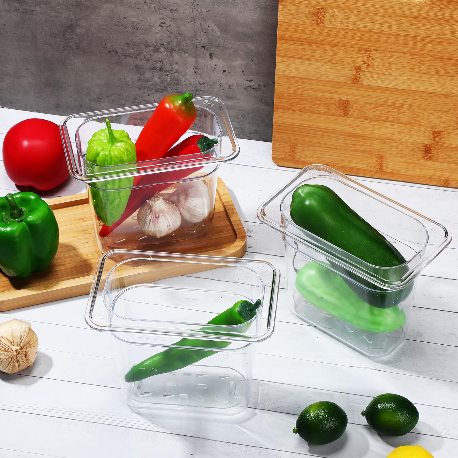 Sunnyray 6 Set 1/9 Size Polycarbonate Food Pans with Lids and Drain Shelf Deep Square Food Storage Containers for Kitchen Restaurant Fruit Vegetable Food Storage (6 inch deep)