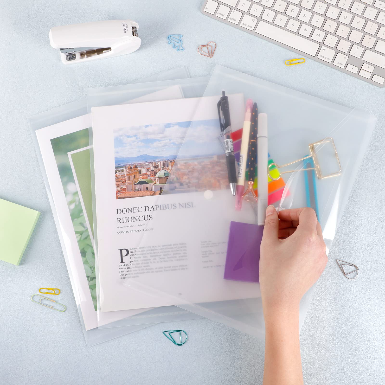 EOOUT 50pcs Plastic Envelopes with Button Snap Closure, Clear Plastic Poly Envelope, Folders for Documents, Waterproof Plastic File Folder, Letter Size, A4 Size, for School and Office Supplies