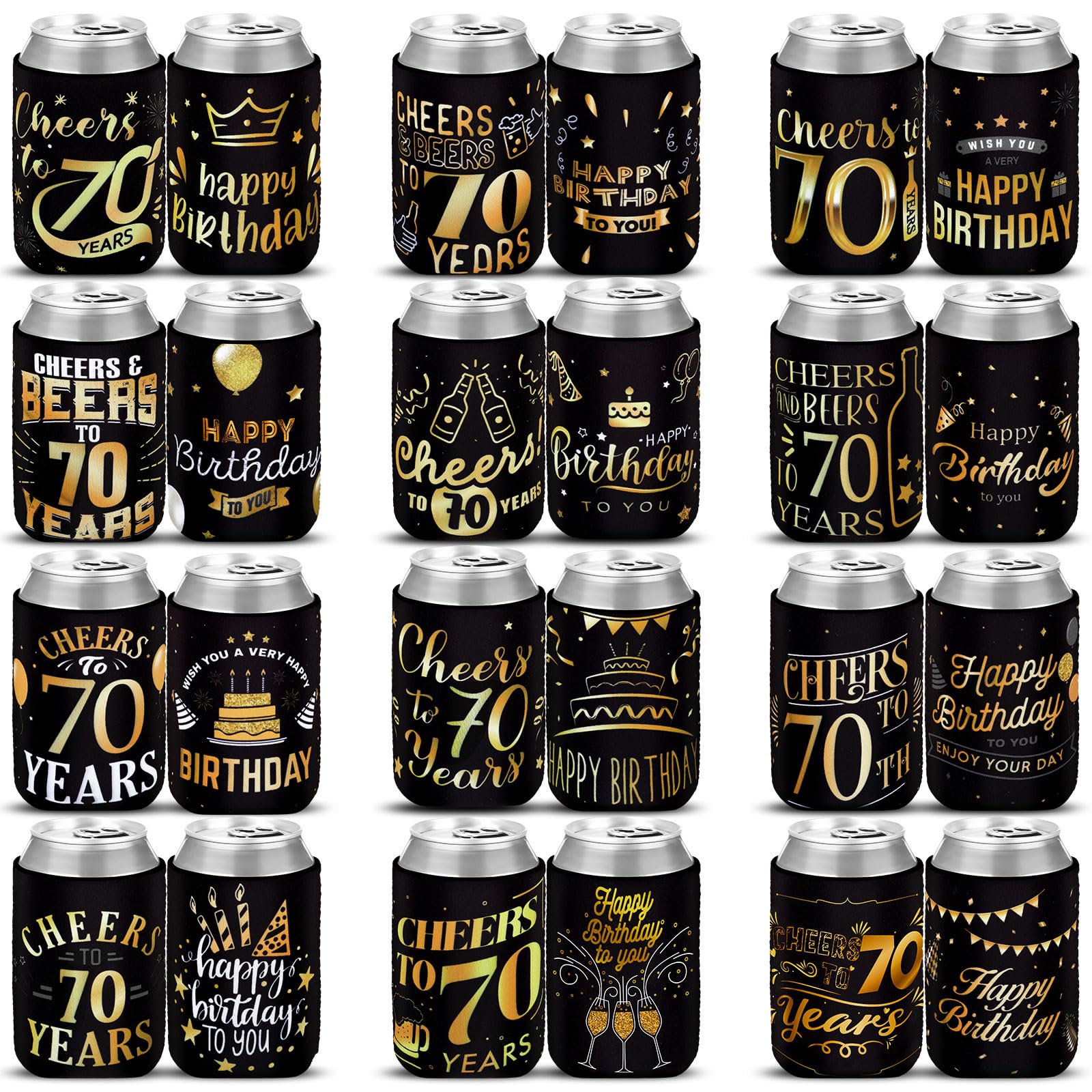 Umigy 24 Pcs 70th Birthday Can Sleeve to 70 Years Can Neoprene Cooler Birthday Decorations Party Favors Supplies Gift for Men Women
