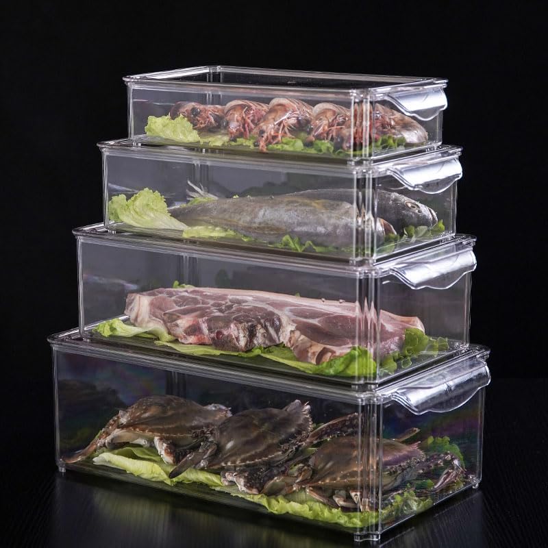 Taiuloo Set of 4 Fridge Organizer, Stackable Refrigerator Organizer Bins with Lids, Kitchen Pantry Cabinet Organization, BPA-Free Clear Food Storage Containers for Fruit, Vegetable, Cereal, Produce