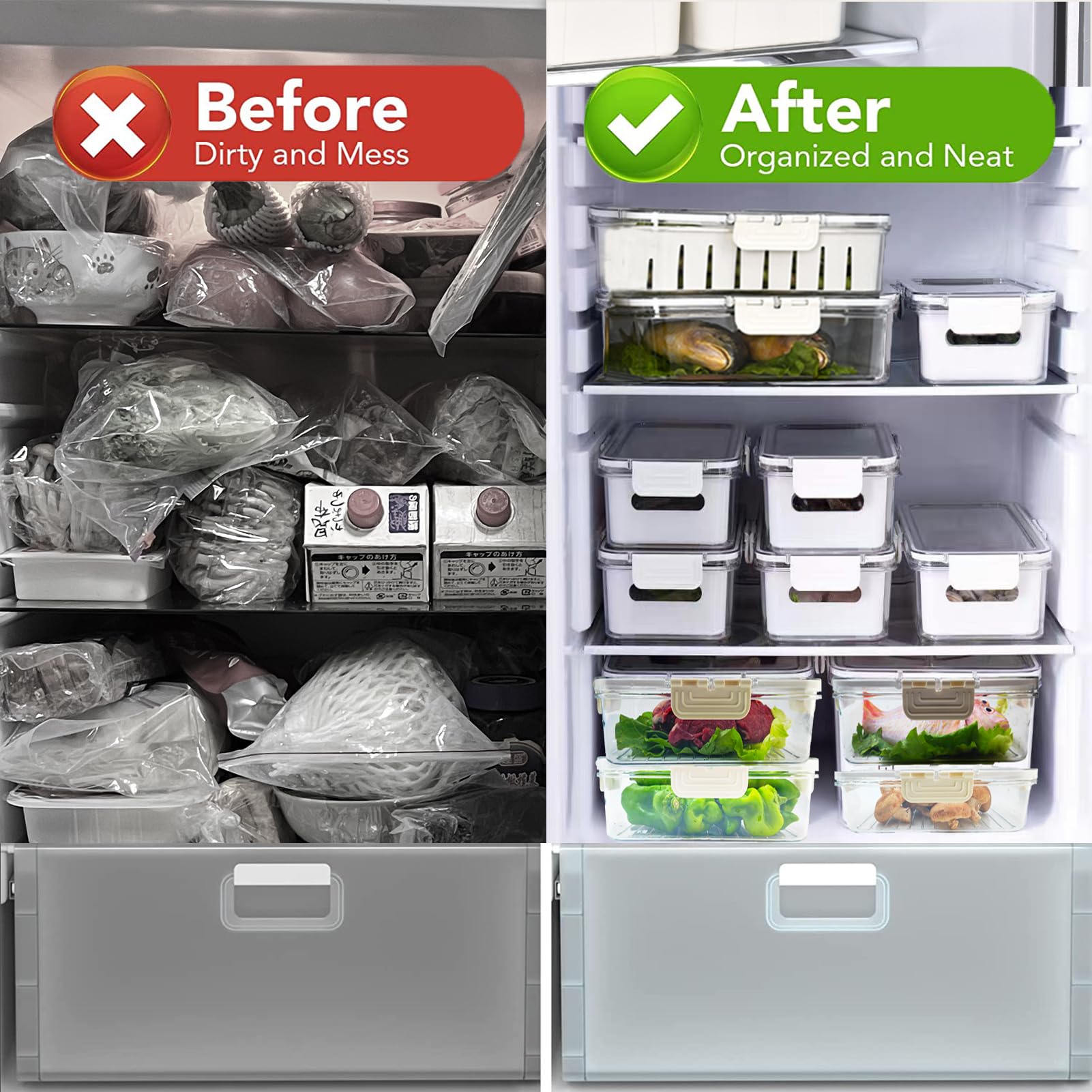 WONSURE Fridge Organizer,Stackable Food Storage Container With Vented Lids And Removable Drain Tray for Refrigerator Organizer and Storage Clear for Food, Drinks, Vegetable