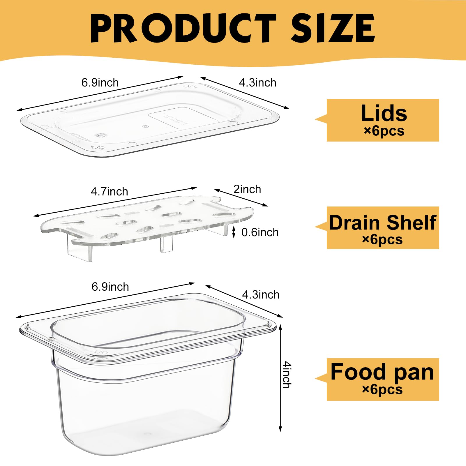 Sunnyray 6 Set 1/9 Size Polycarbonate Food Pans with Lids and Drain Shelf Deep Square Food Storage Containers for Kitchen Restaurant Fruit Vegetable Storage