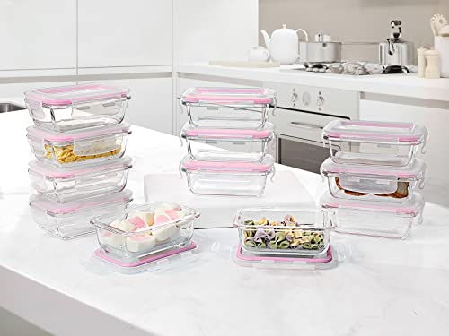 M MCIRCO [12-Pack, 6.3oz] Glass Food Storage Containers with Lids - Small Glass Jars for Snacks, Dips, Sauces - Freezer, Microwave, Dishwasher Friendly - Pink