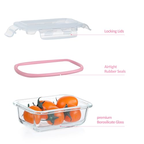 M MCIRCO [12-Pack, 6.3oz] Glass Food Storage Containers with Lids - Small Glass Jars for Snacks, Dips, Sauces - Freezer, Microwave, Dishwasher Friendly - Pink