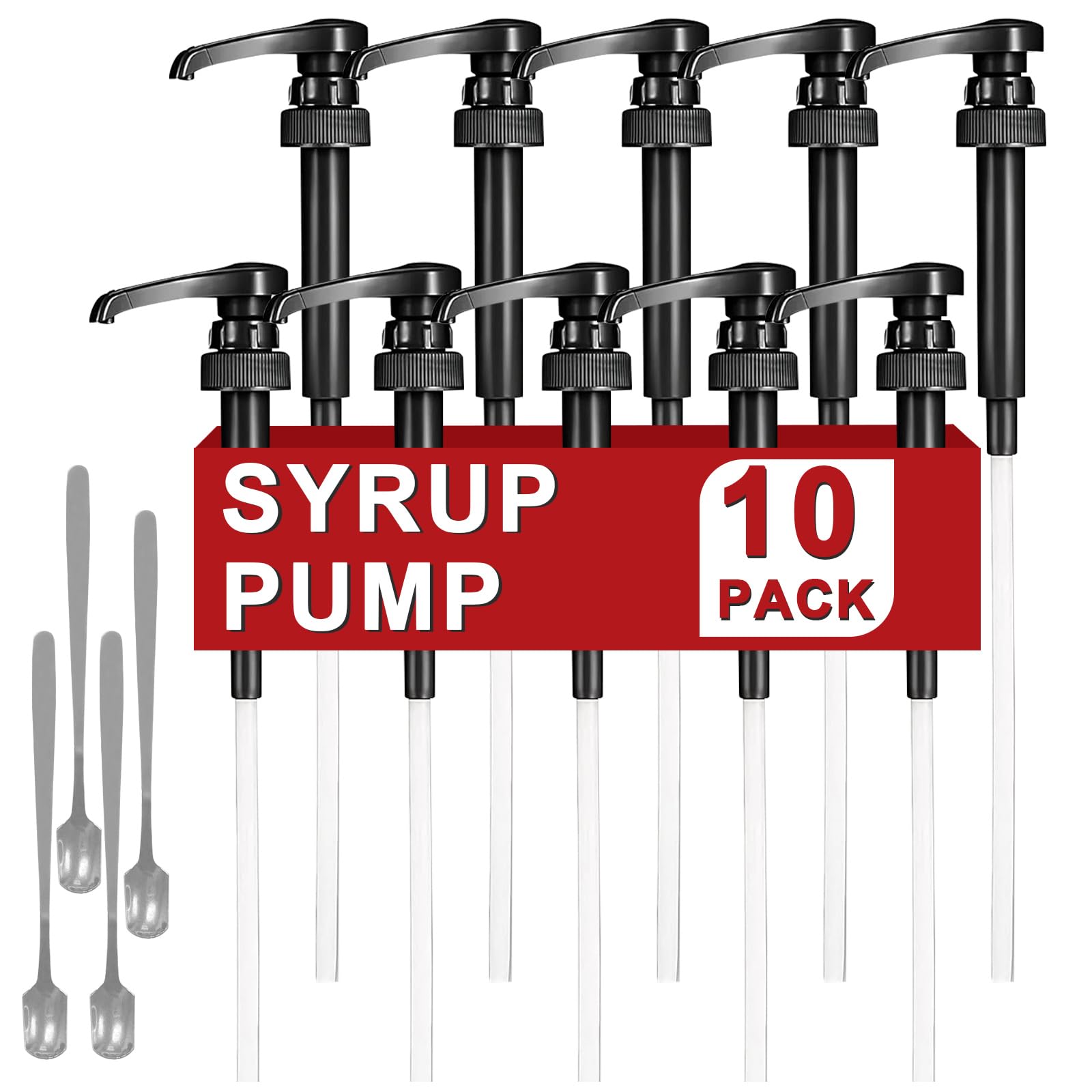 ZTTXL 10 Packs Coffee Syrup Pump Dispenser,Fits 25.4 Oz/750ml Coffee Flavoring Syrup Bottles,No Dripping, Fits Home & Coffee Bar Drinking Mixes,Free 4 Golden Spoons