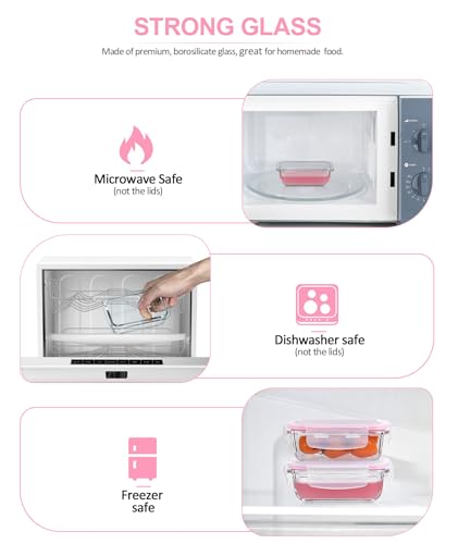 M MCIRCO [12-Pack, 6.3oz] Glass Food Storage Containers with Lids - Small Glass Jars for Snacks, Dips, Sauces - Freezer, Microwave, Dishwasher Friendly - Pink