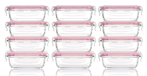 M MCIRCO [12-Pack, 6.3oz] Glass Food Storage Containers with Lids - Small Glass Jars for Snacks, Dips, Sauces - Freezer, Microwave, Dishwasher Friendly - Pink