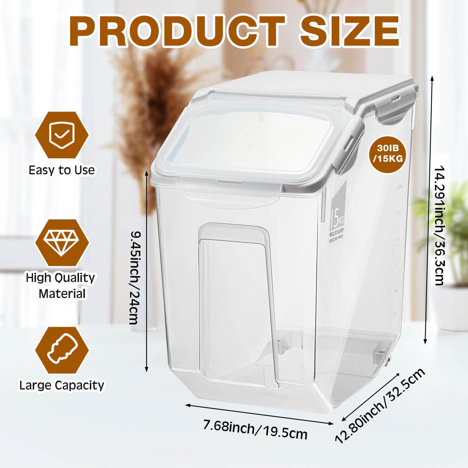 Umigy 4 Pack Rice Storage Container With Wheels Plastic Airtight Lid Flour Container Bin for Dog Pet Cereal Grain Dry Food, 15 Liter / 30 lbs