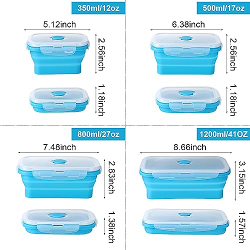 Zhehao Set of 8 Silicone Food Storage Containers Collapsible Storage Containers Collapsible Bowls with Lids Reusable Foldable Bento Lunch Box for Meal Prep Freezer Microwave, 4 Sizes (Blue)