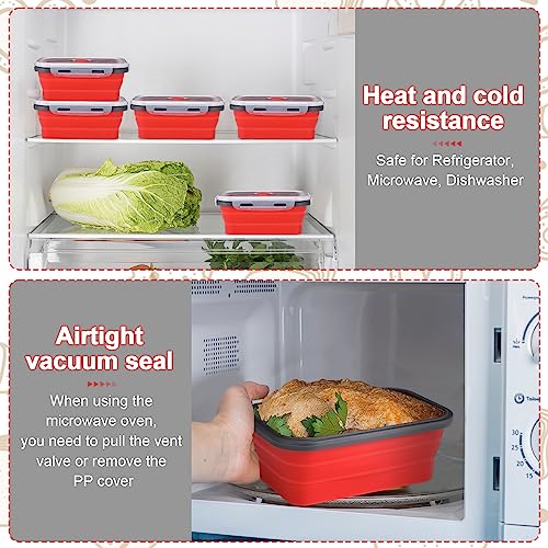 Mifoci 12 Pack Collapsible Bowls Bulk with Leak Proof Lids 17oz Rectangle Silicone Food Storage Containers Stack Food Container for Camping Kitchen, Microwave Dishwasher Freezer Safe (Grey Edge Red)