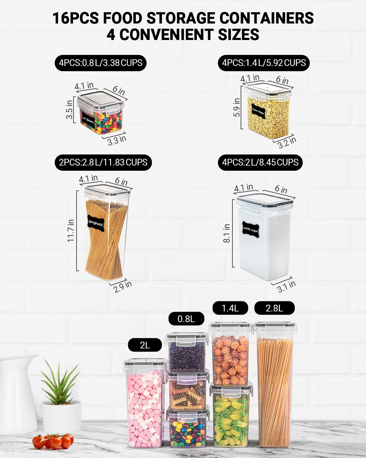 DMH [14 Pack] Airtight Food Storage Containers With Lids For Kitchen Organization And Storage Pantry Flour Sugar Pasta Dry Food Cereal Container - Free Labels Marker & Spoon Set
