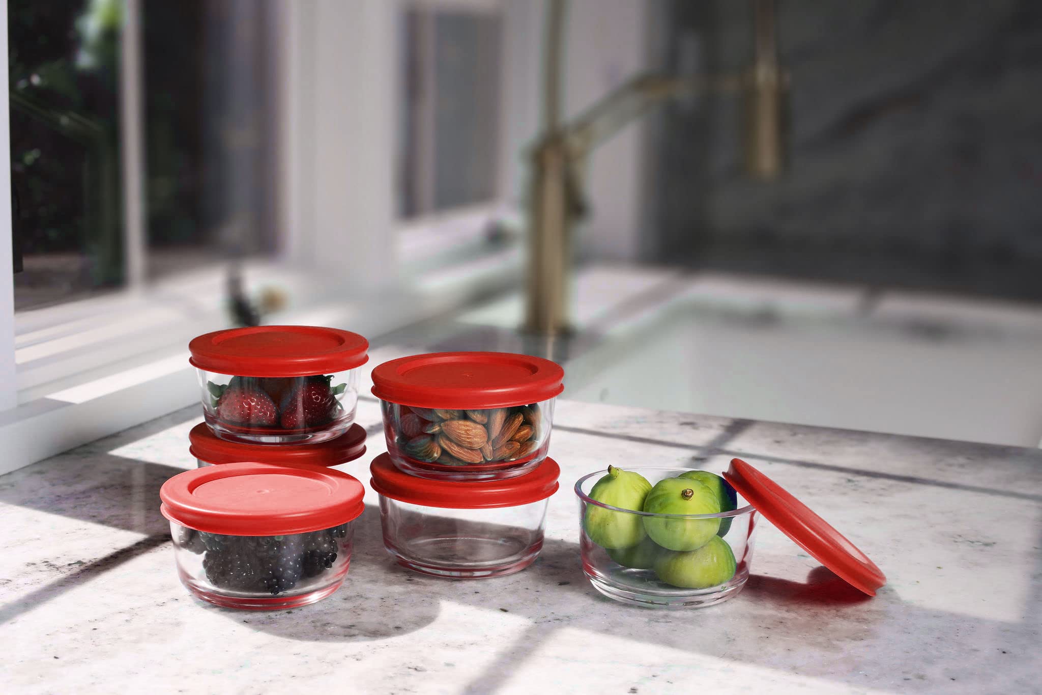 BOVADO USA 1 Cup Glass Food Storage Containers (6 Pack) | Nonpourous Dishwasher, Freezer & Oven Safe Glass, Easy-Clean | Red Lids