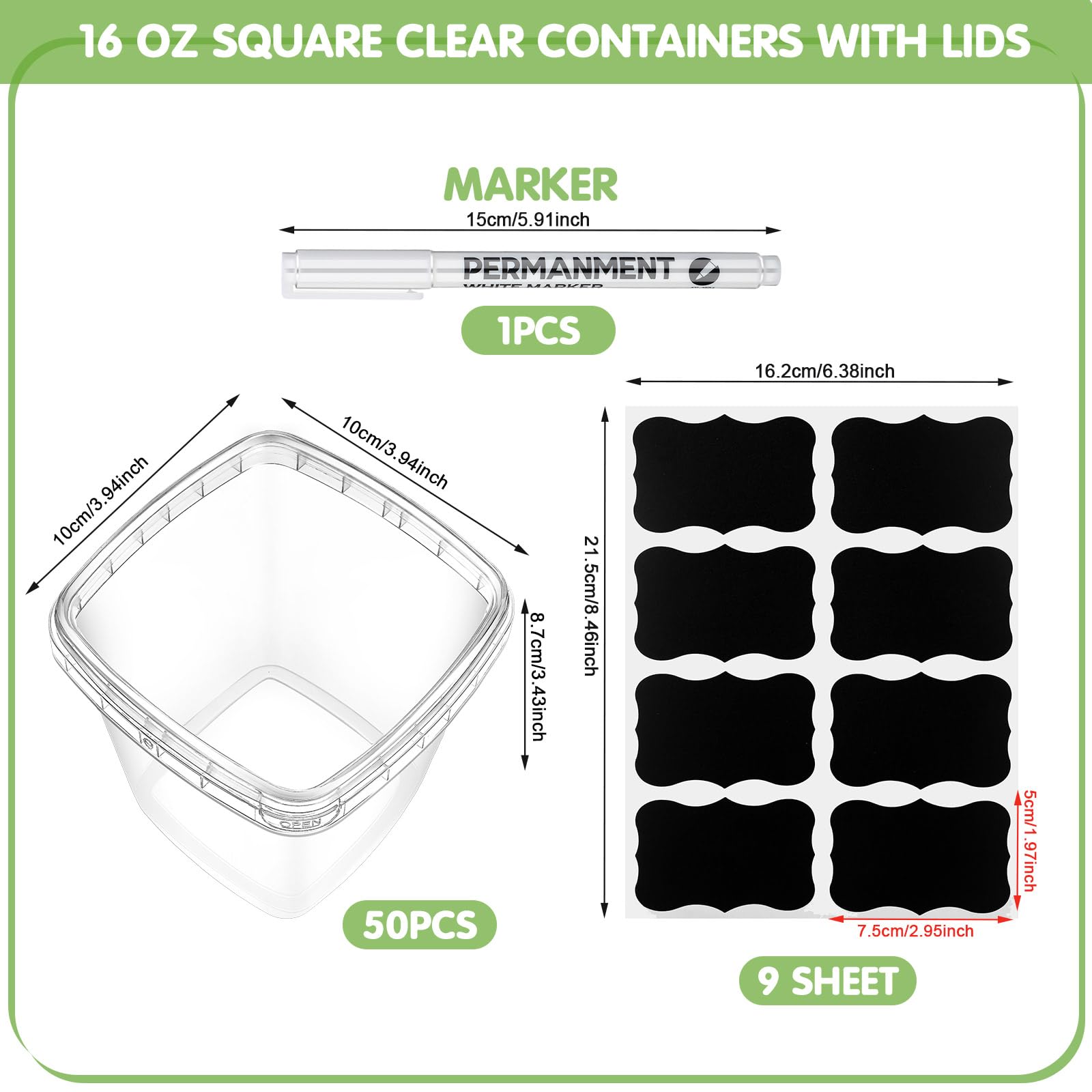Jinei 50 Pcs 16 oz Plastic Deli Containers with Lids Clear Square Food Storage Containers Stackable Airtight Square Container with Lids with 9 Labels and Marker for Kitchen Storage Meal Take out