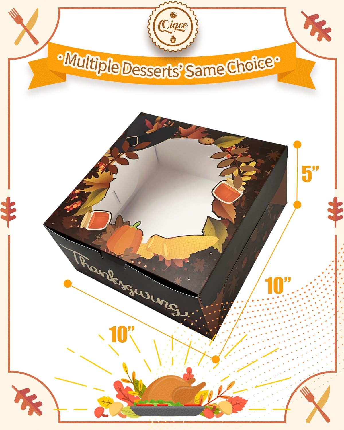 qiqee Thanksgiving Brown Pumpkin Cake Boxes 10x10x5 inch Bakery Box with Window 12packs Pastry Box For Thanksgiving
