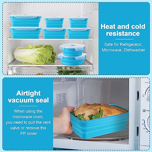 Zhehao Set of 8 Silicone Food Storage Containers Collapsible Storage Containers Collapsible Bowls with Lids Reusable Foldable Bento Lunch Box for Meal Prep Freezer Microwave, 4 Sizes (Blue)