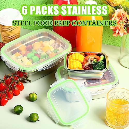 Nuanchu 6 Packs Stainless Steel Food Storage Containers Airtight Metal Food Containers Meal Prep Container Leak Proof Stackable Bento Lunch Box with Lids for Kitchen Travel Picnic and Camping (Green)