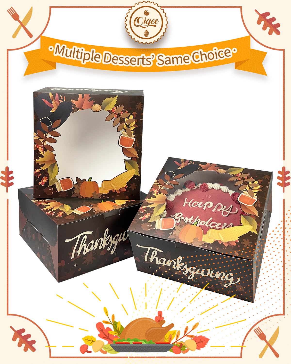 qiqee Thanksgiving Brown Pumpkin Cake Boxes 10x10x5 inch Bakery Box with Window 12packs Pastry Box For Thanksgiving