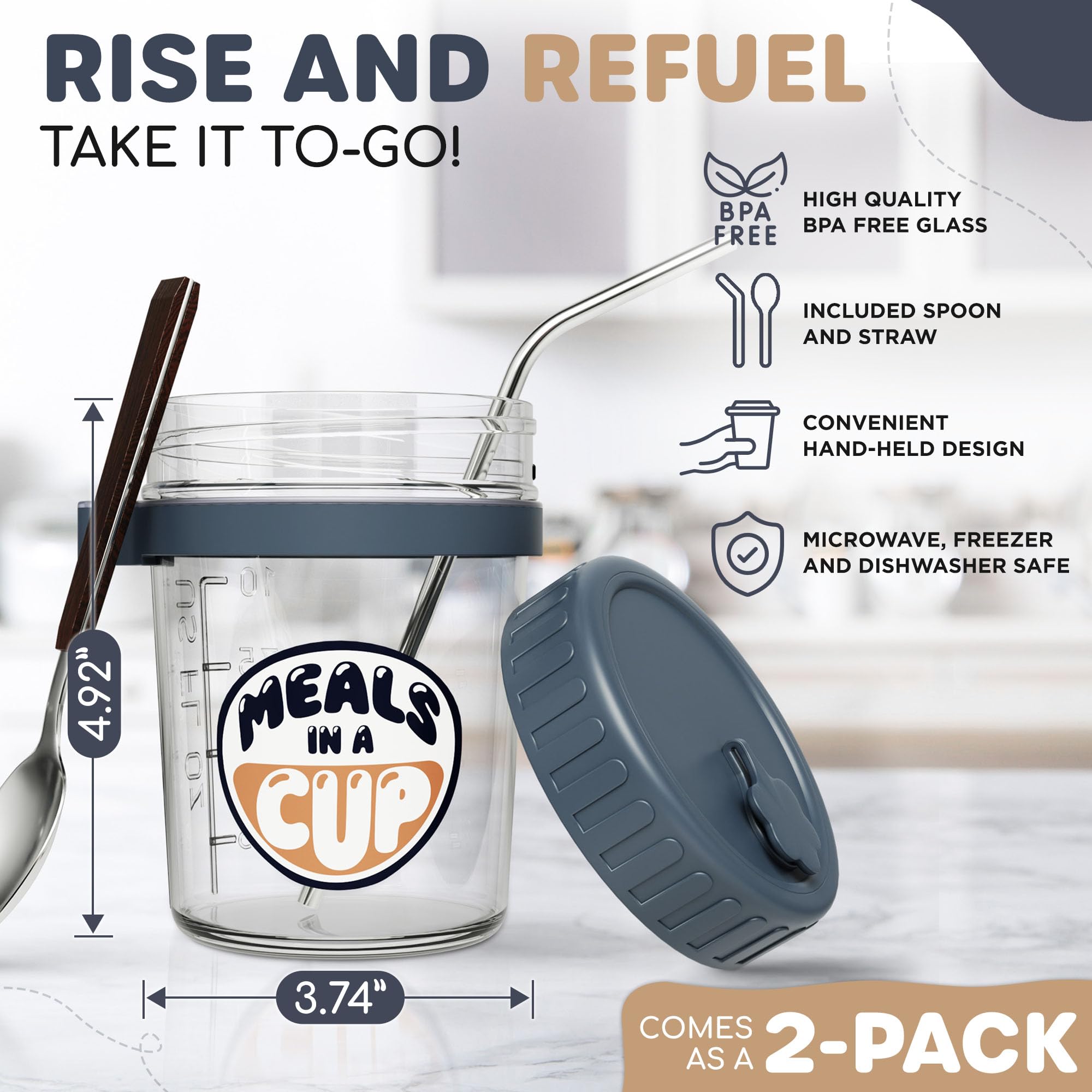 Meals In A Cup 2 Pack Overnight Oats Containers with Lids and Spoons - 16 Oz Glass Mason Jars for Overnight Oats, Leak Proof Oatmeal Container, Meal Prep Jars for Milk, Cereal, Yogurt, Fruit (Grey)