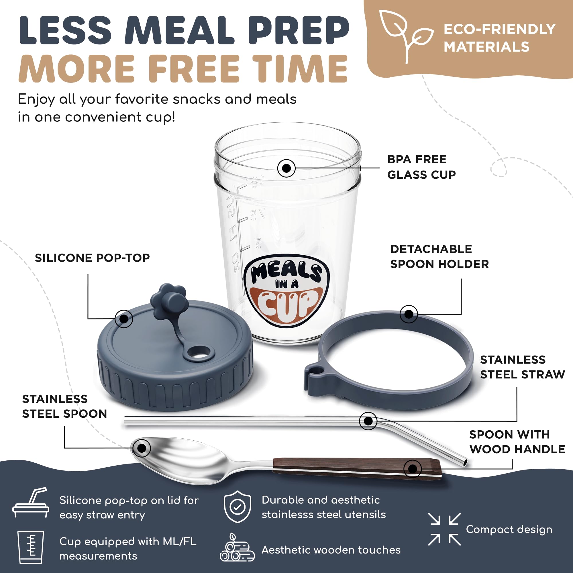 Meals In A Cup 2 Pack Overnight Oats Containers with Lids and Spoons - 16 Oz Glass Mason Jars for Overnight Oats, Leak Proof Oatmeal Container, Meal Prep Jars for Milk, Cereal, Yogurt, Fruit (Grey)