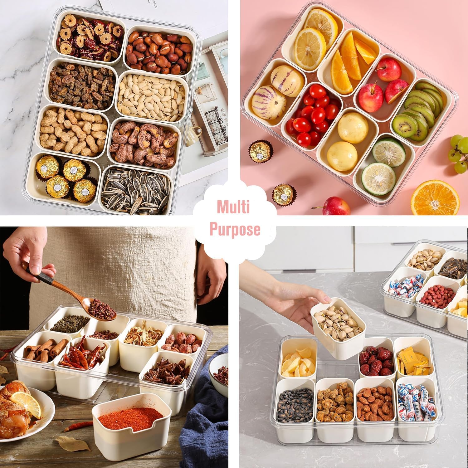 ACQTULOU Divided Serving Tray with Lid and Handle, Removable Divided Platter Food Storage Containers with 8 Compartment, Small Boxes for Onion, Ginger, Garlic, Cherry