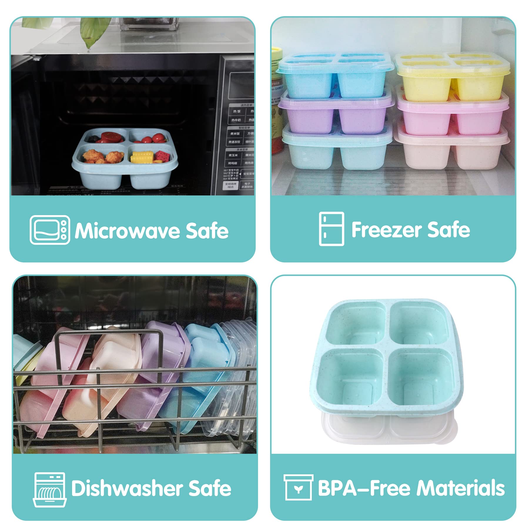 Finorder 6 Pack Snack Containers Kid, Wheat Straw Fiber 4 Compartment Reusable Bento Lunch Box, Meal Prep Lunch Containers for Kids Adults, Food Containers for School, Office and Travel