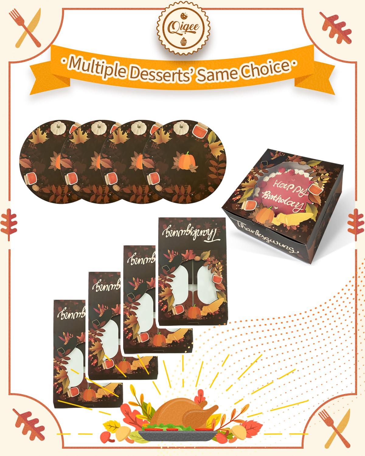 qiqee Thanksgiving Brown Pumpkin Cake Boxes 10x10x5 inch Bakery Box with Window 12packs Pastry Box For Thanksgiving