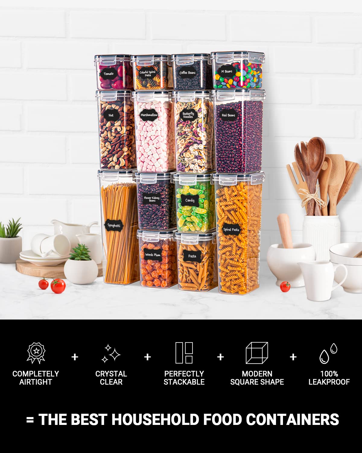 DMH [14 Pack] Airtight Food Storage Containers With Lids For Kitchen Organization And Storage Pantry Flour Sugar Pasta Dry Food Cereal Container - Free Labels Marker & Spoon Set